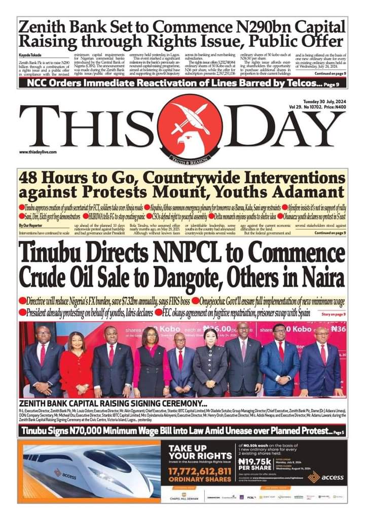 Newspaper Headlines July 30, 2024 – Nigerian Current